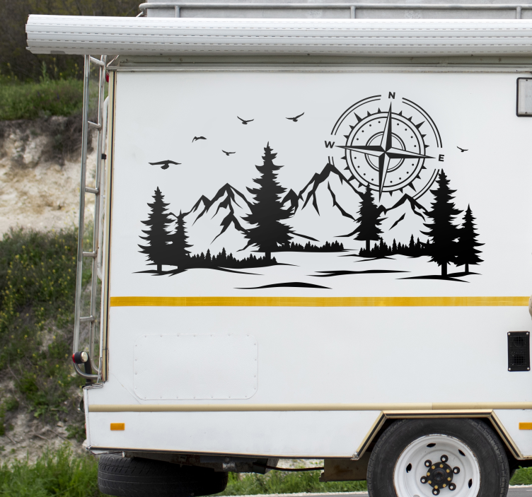 Mountains and forest with compass caravan decal - TenStickers